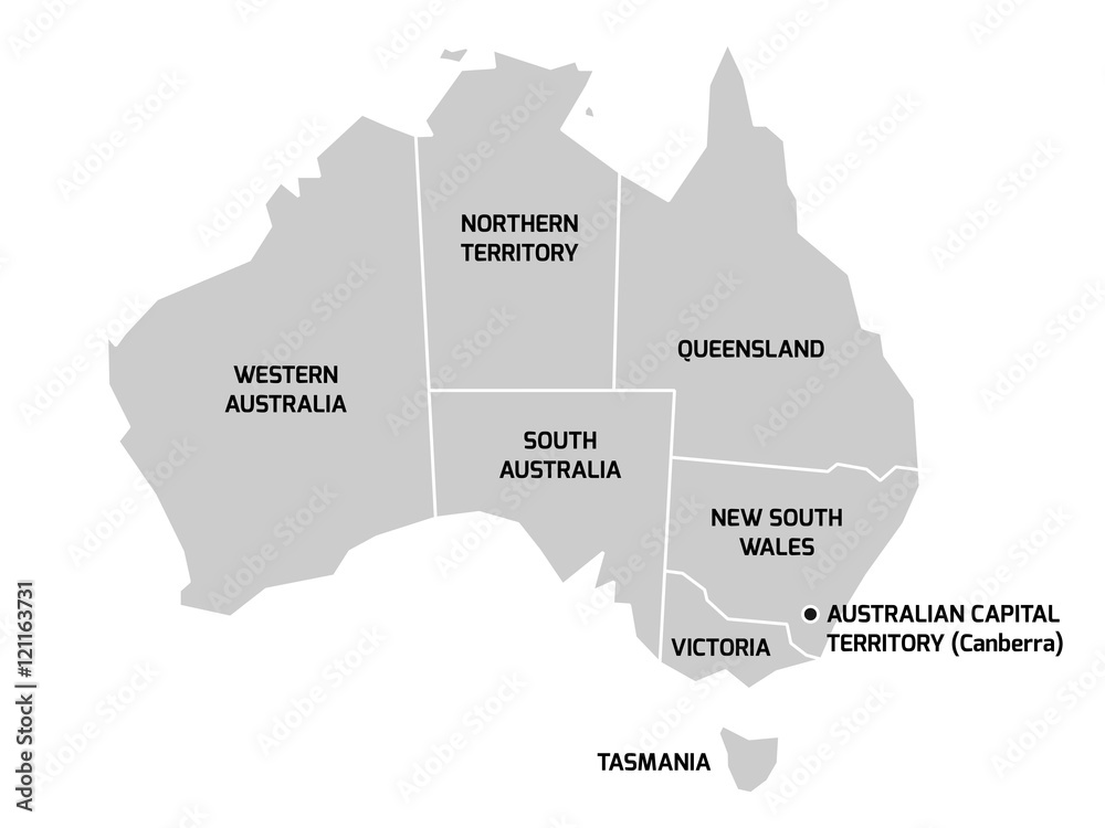Simplified map of Australia divided into states and territories. Grey ...