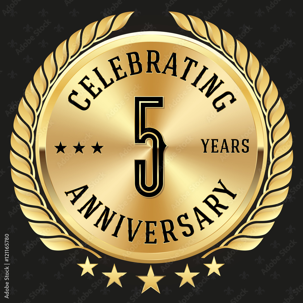 Gold celebrating 5 years badge, button on black background Stock ...