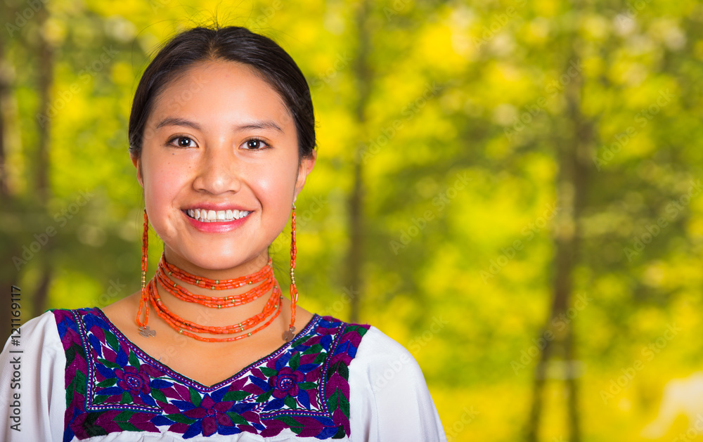 Headshot beautiful young woman wearing traditional andean blouse with ...