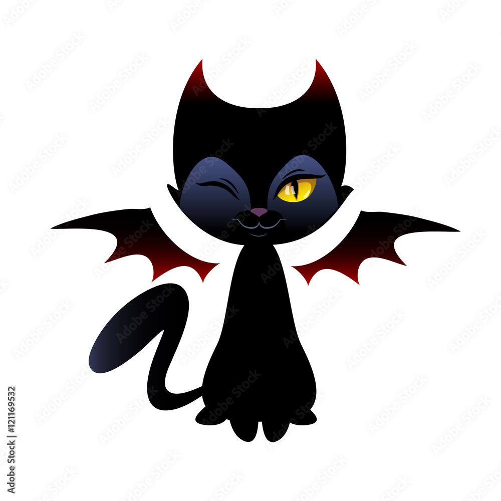 Black demonic cat with wings. Halloween symbol. Vector cartoon ...