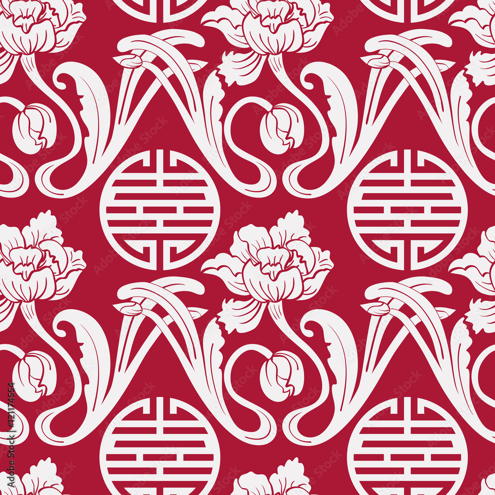 Seamless pattern of Chinese symbols and flowers. Red and white ...
