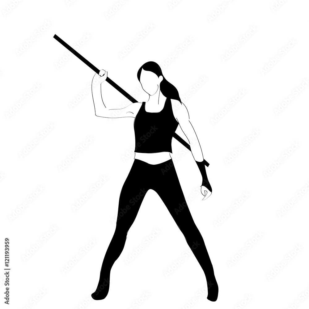 Abstract woman person poses with long baton for fighting. Black and ...