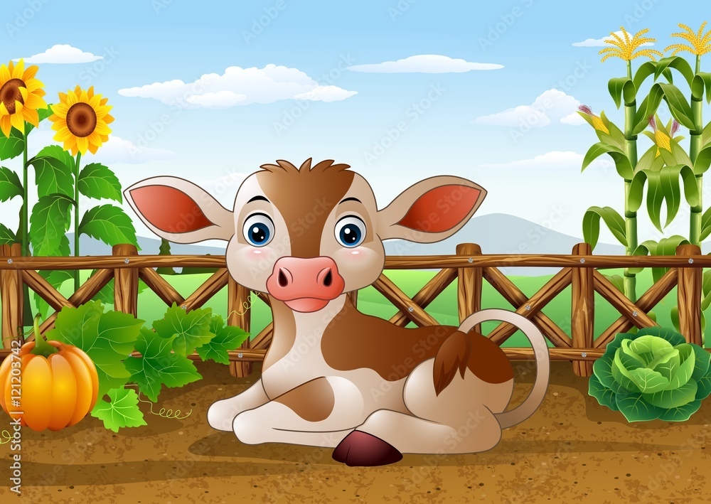 Cartoon cow sitting in the farm Stock Vector | Adobe Stock