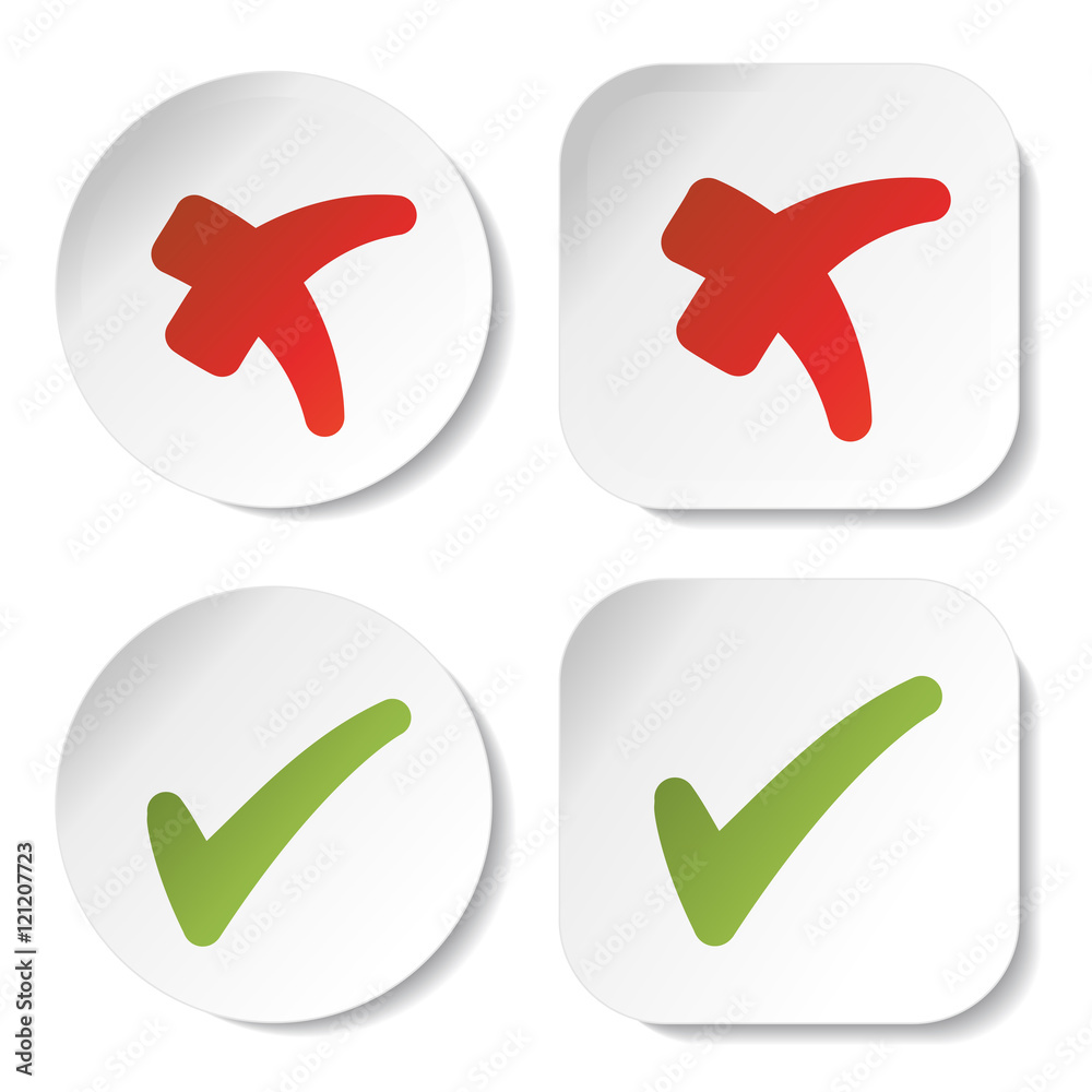 Vector white stickers with check mark symbols, circular and squared ...