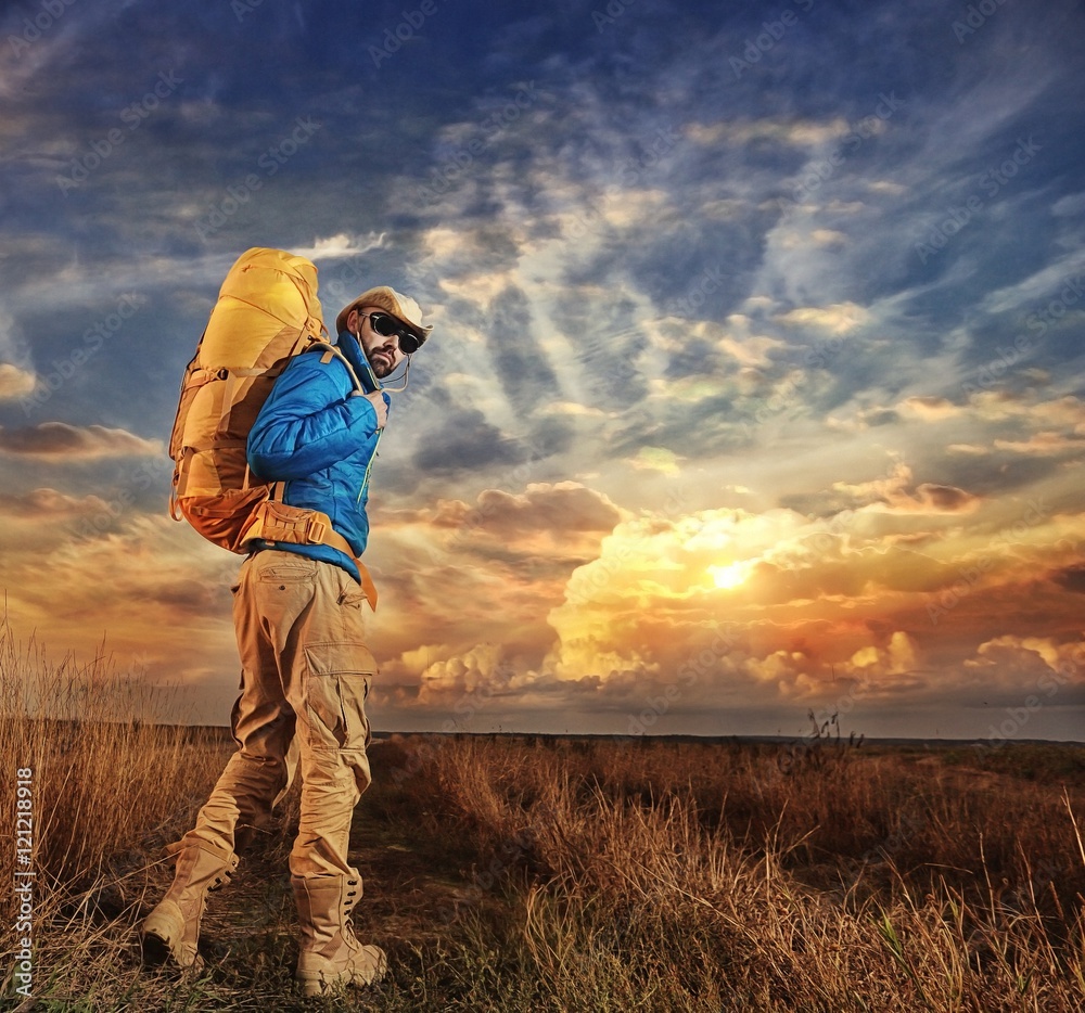 man traveler tourist landscape at sunset wildlife foto de Stock | Adobe ...