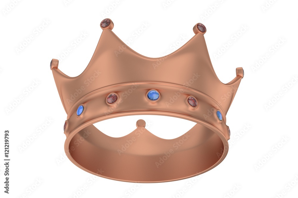 Bronze royal crown with blue and red gems on white. 3D rendering. Stock ...