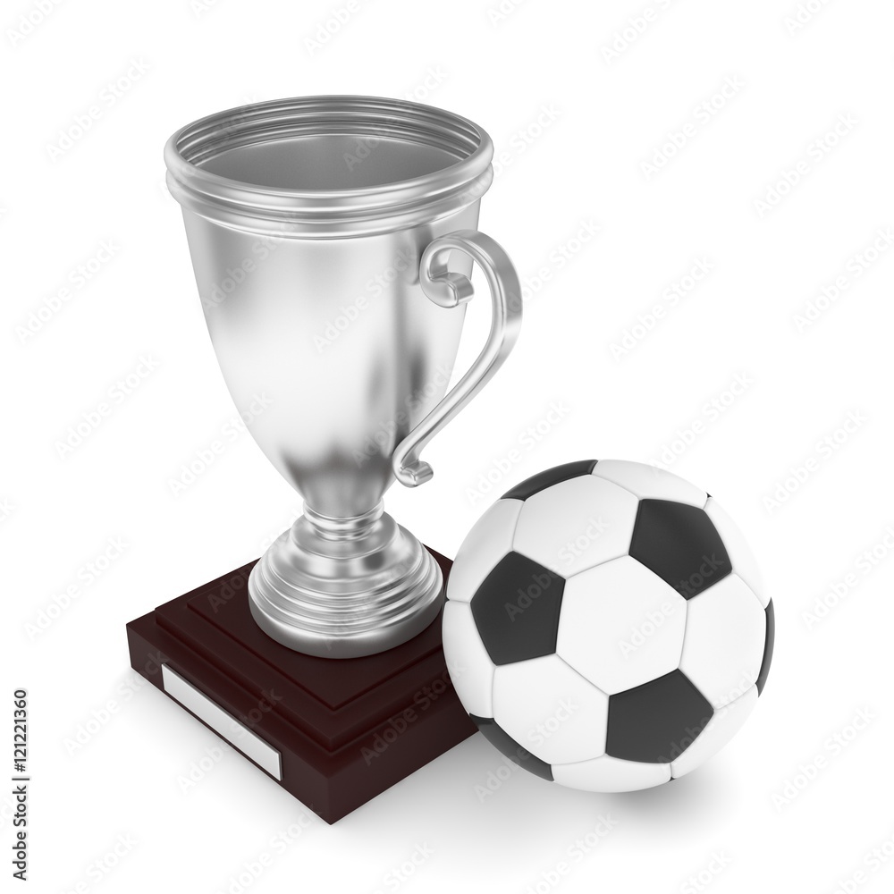 Isolated silver cup with ball on white background. Soccer and football ...