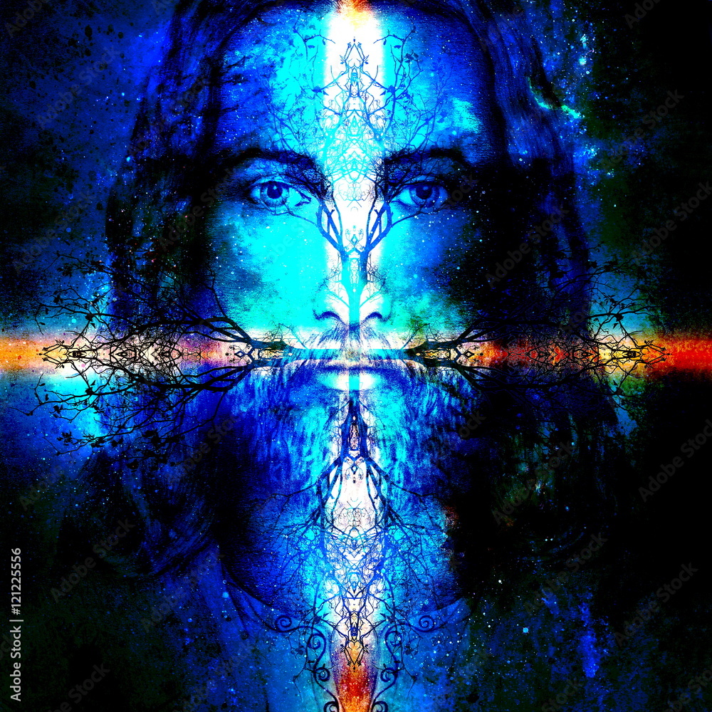 Jesus Christ painting with ornament tree symbolising life, in co Stock ...