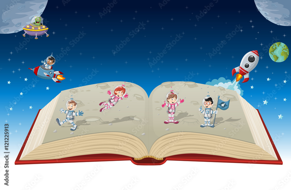 Open book with astronaut cartoon children in the space. Stock Vector ...