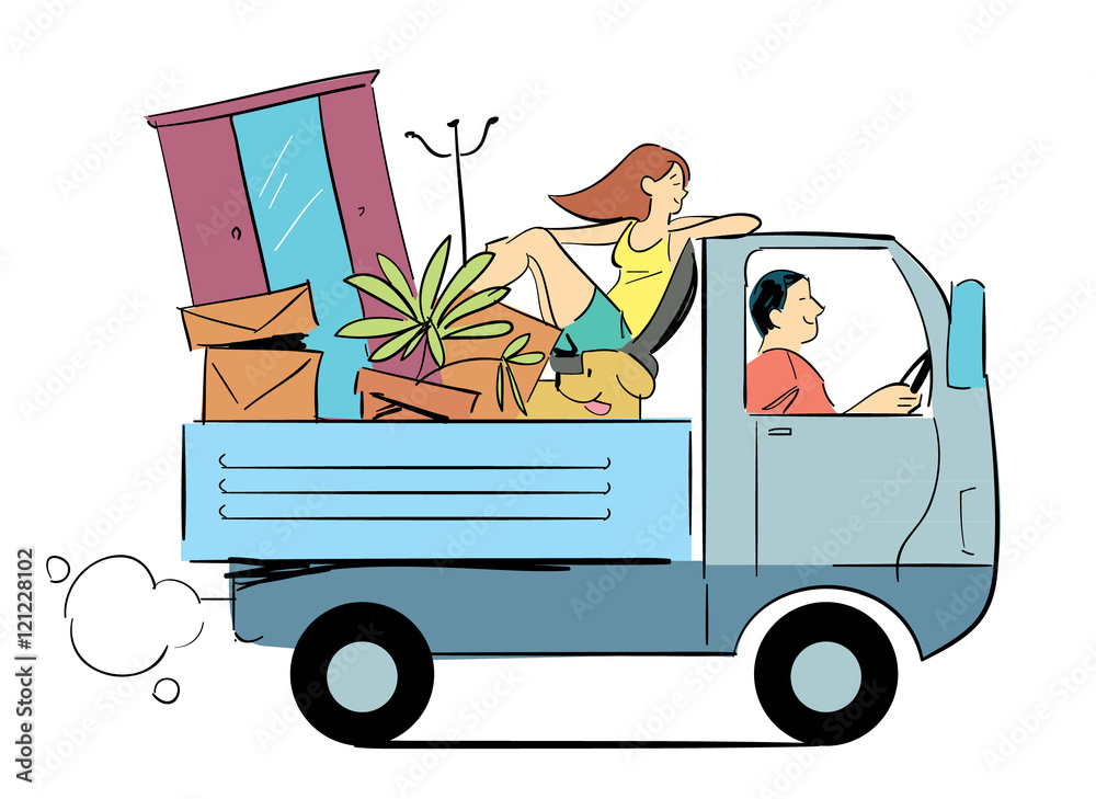 Family moved to another location. Cartoon illustration of moving ...