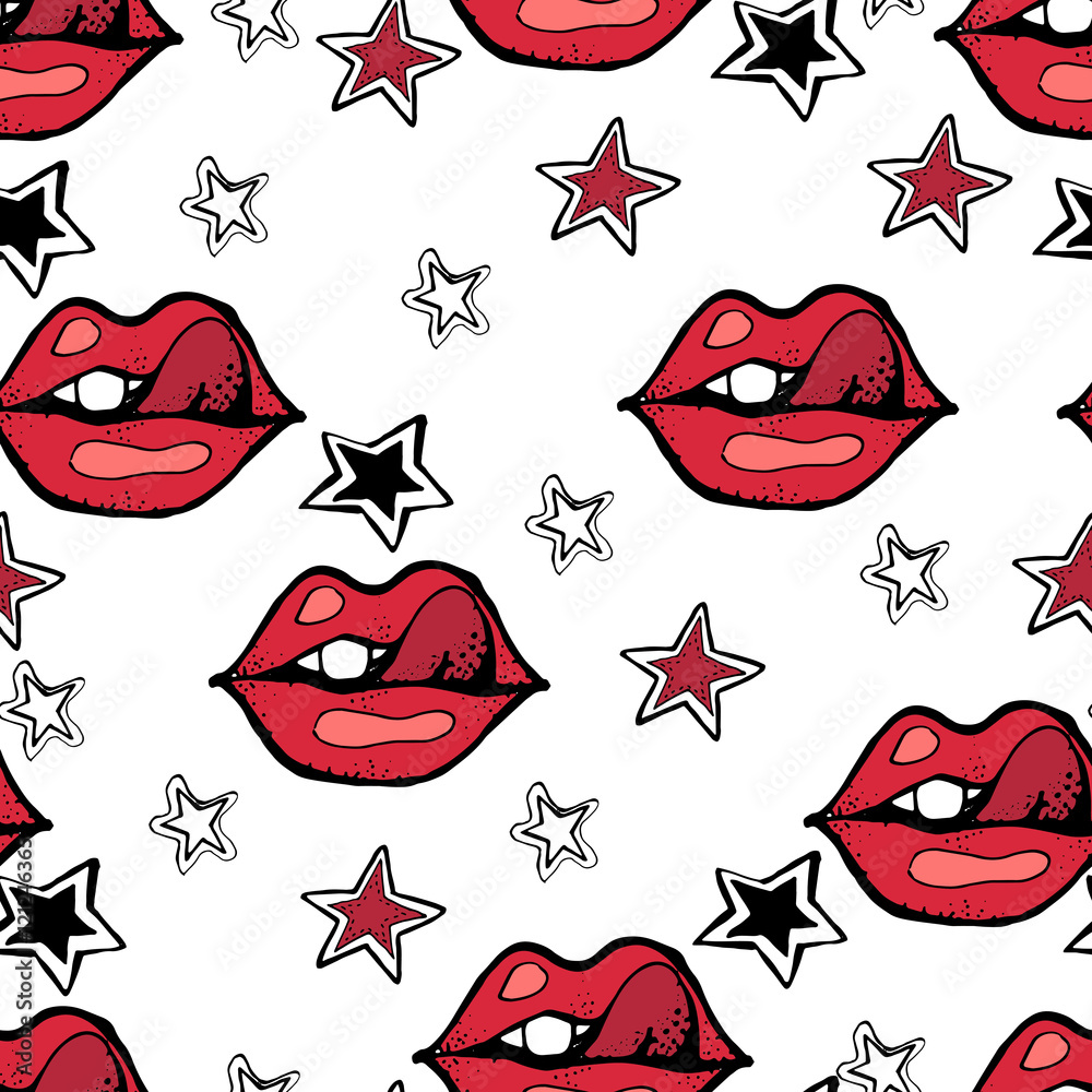 Seamless background. Vector pattern. Hand drawn lips, stars, pop art. Stock Vector | Adobe Stock