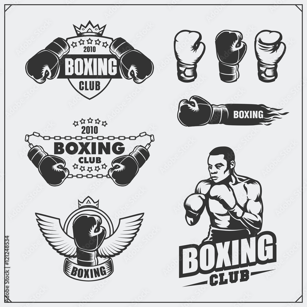 Set of boxing club labels, emblems, badges, icons and design elements ...