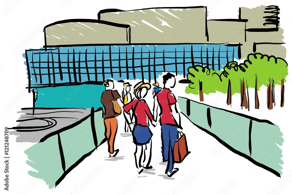 crowd traveling in urban scene cartoon drawing Stock Illustration ...