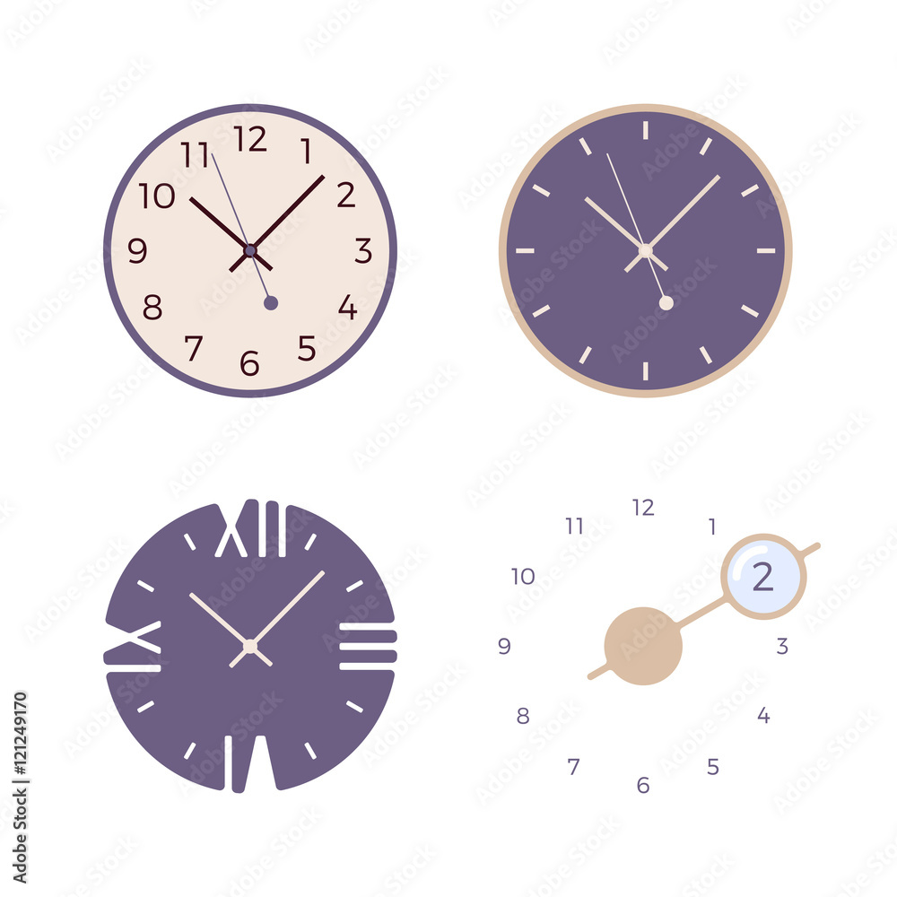 Set of four modern wall clocks isolated against white background ...