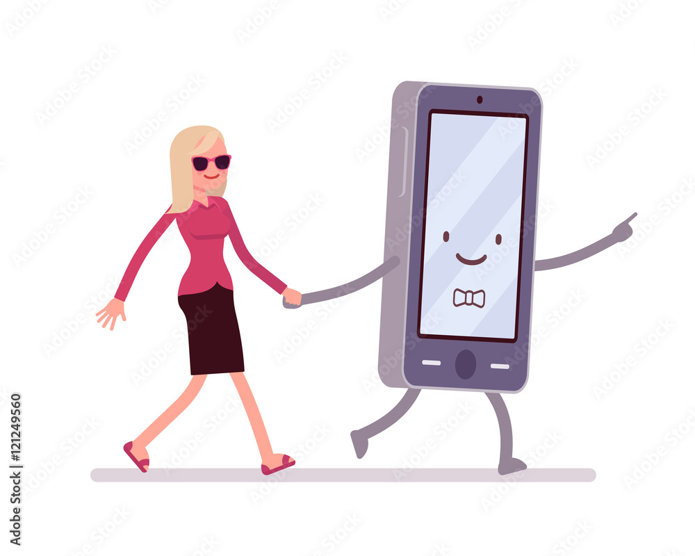 Smartphone and woman are walking hand in hand. Cartoon vector flat ...