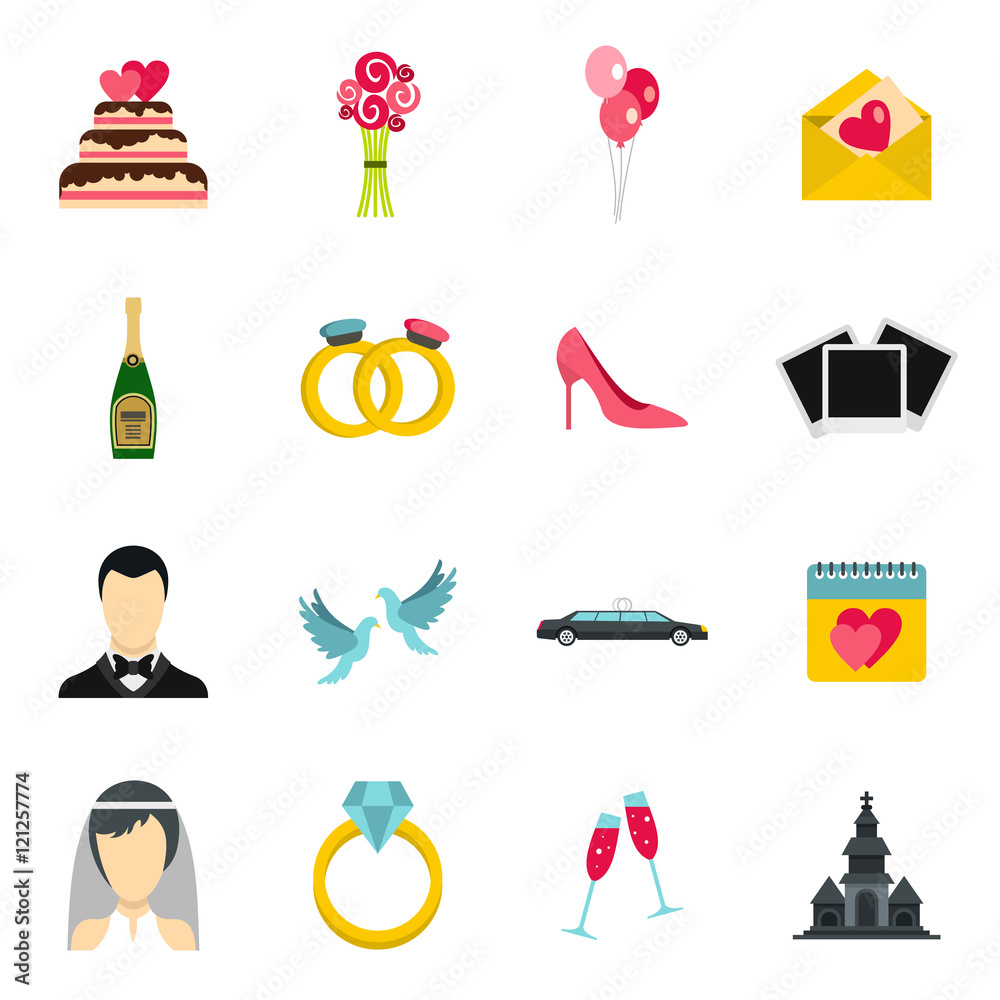 Wedding icons set in flat style. Marriage set collection vector ...