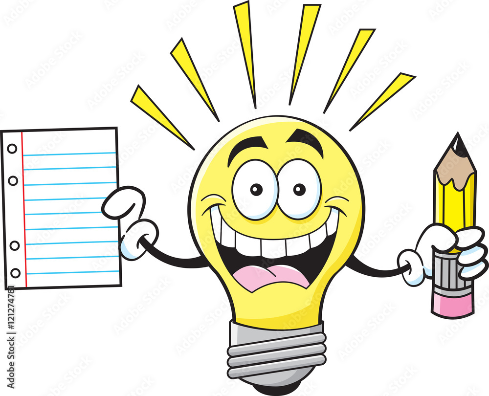Cartoon illustration of a light bulb holding a paper and pencil. Stock ...