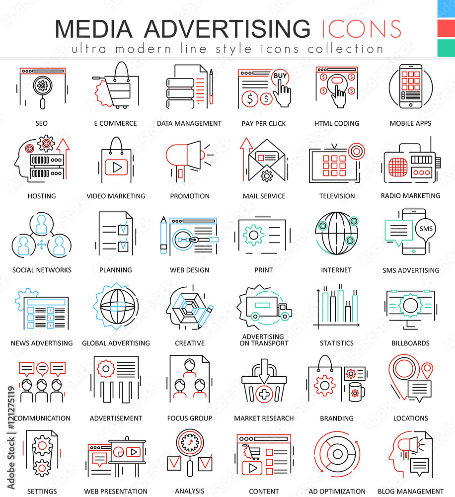 Vector Media advertising ultra modern color outline line icons for apps ...