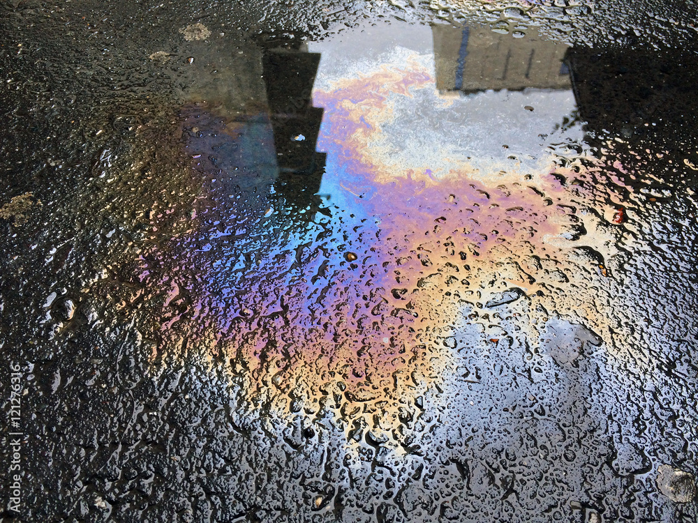 Puddle and oil spill on asphalt Stock Photo | Adobe Stock