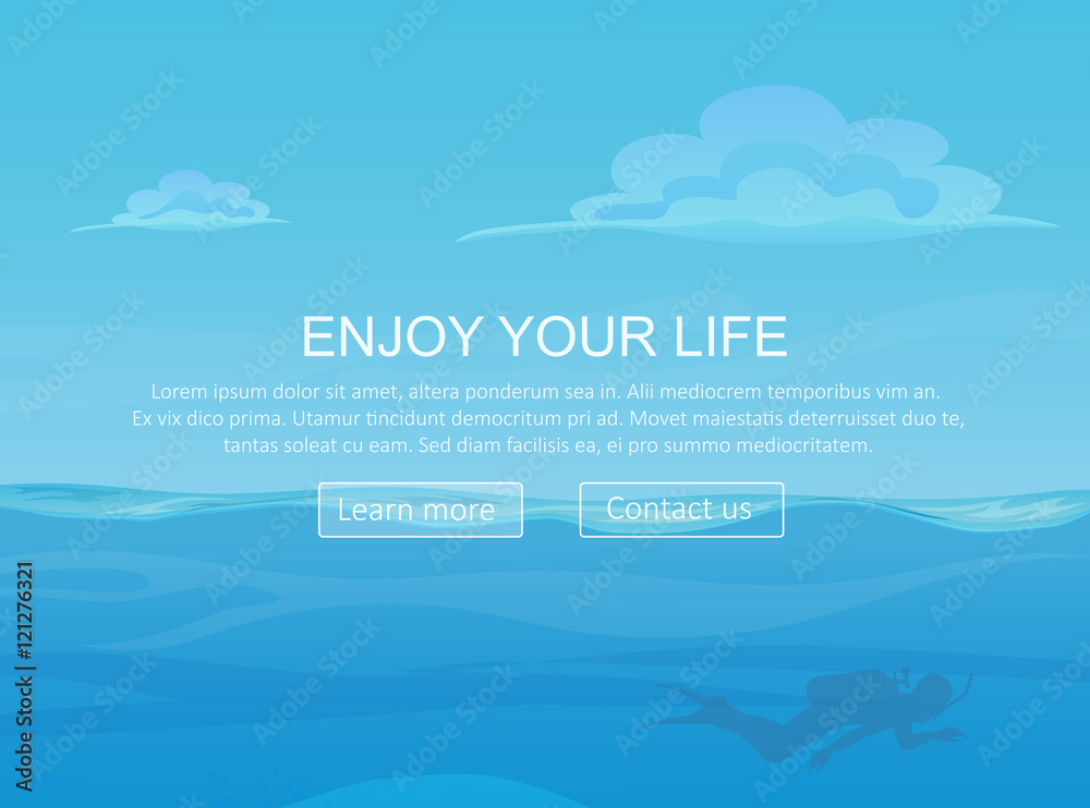 Water ocean sea landscape with sky and clouds and diver silhouette ...