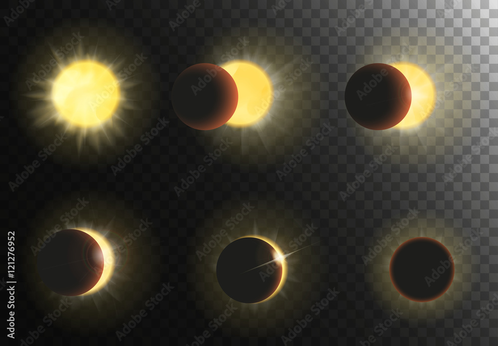 Sun eclipse vector illustration. Different phases of solar eclipse set ...