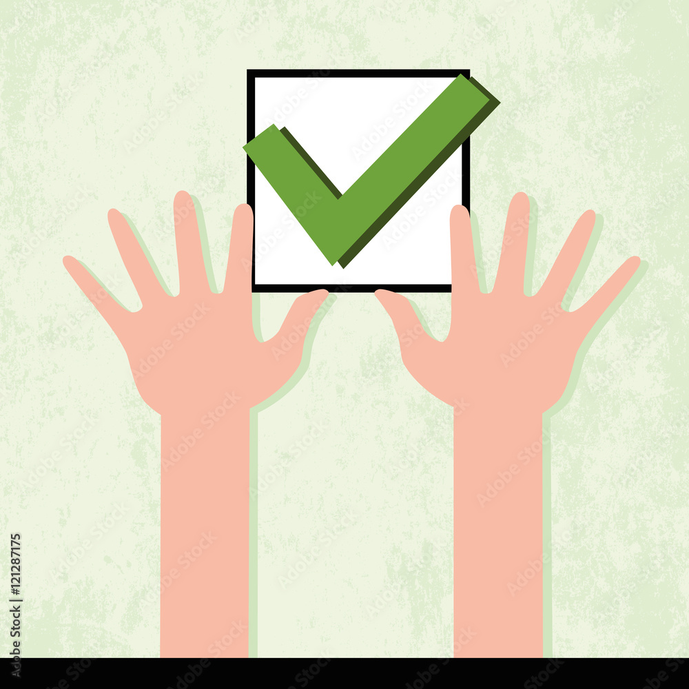 Hands holding green check mark. Agree, approval concept. Elections and ...