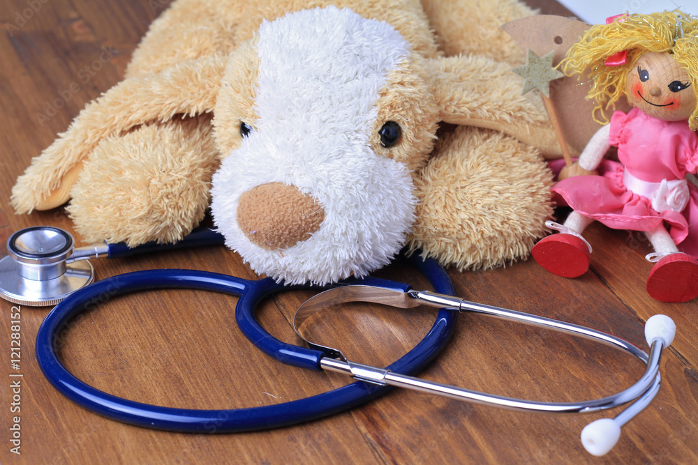 Pediatric care background, Toys and stethoscope Stock Photo | Adobe Stock