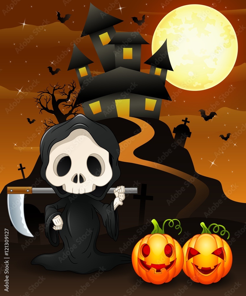 Halloween background with grim reaper and pumpkins Stock Vector | Adobe ...