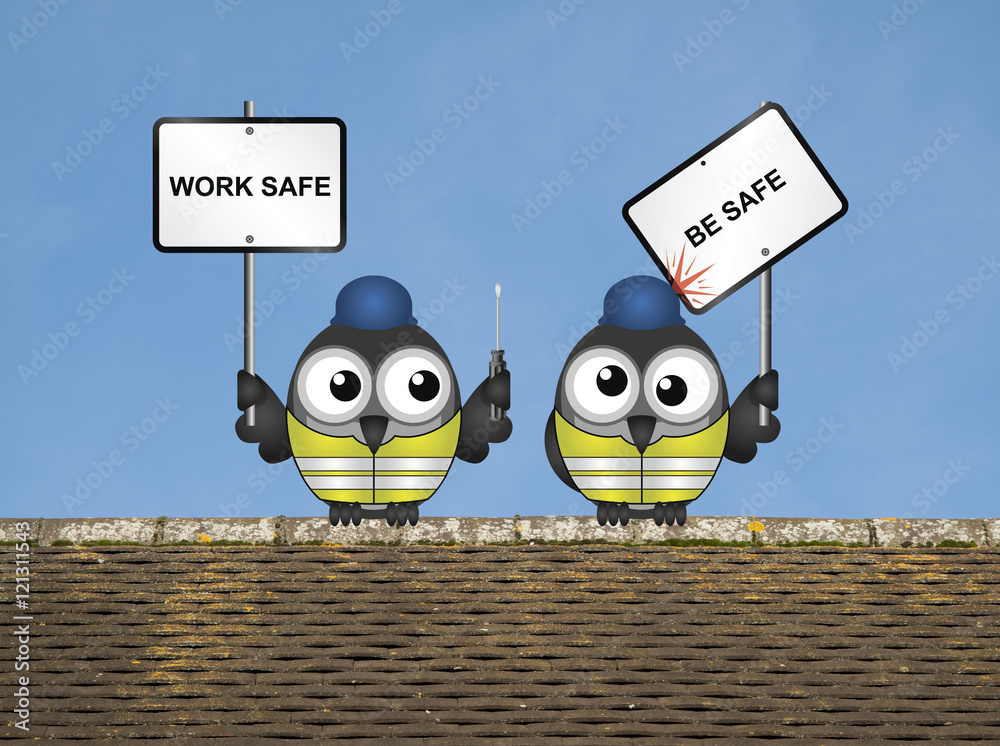 Comical construction workers with work safe be safe message Stock Photo ...