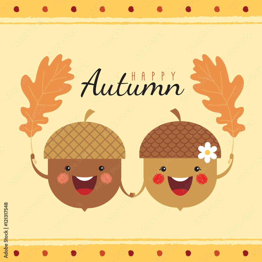 Autumn season vector illustration. A couple of cute acorn cartoon ...