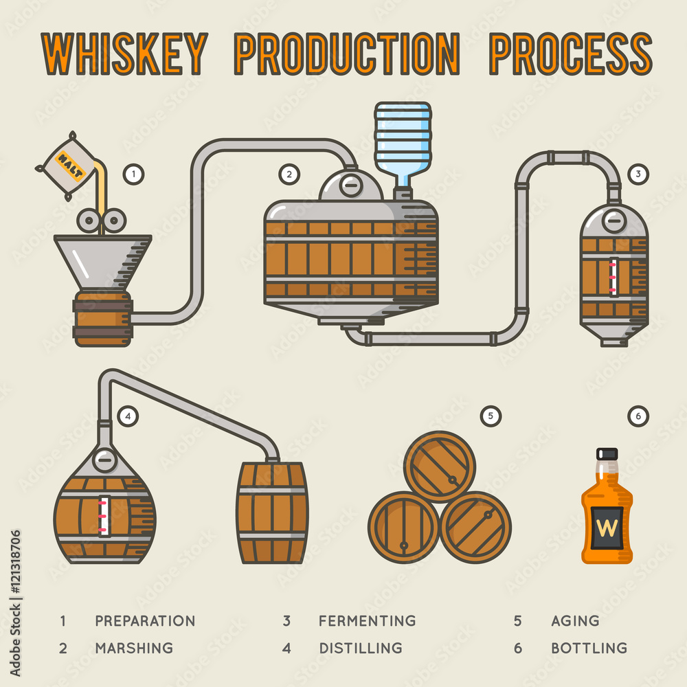 Whiskey production process. Distillation and aging whisky infographics ...