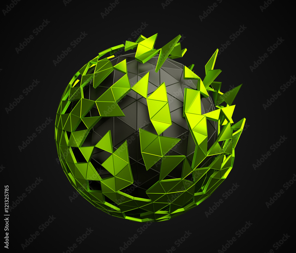 Abstract 3d rendering of low poly sphere with chaotic structure. Sci-fi ...