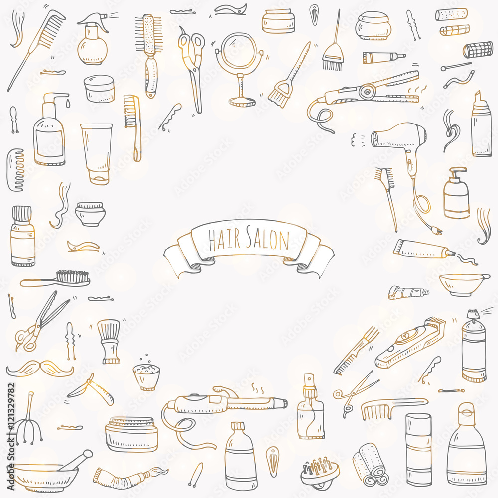 Hand drawn doodle Hair salon icons set. Vector illustration. Barber ...