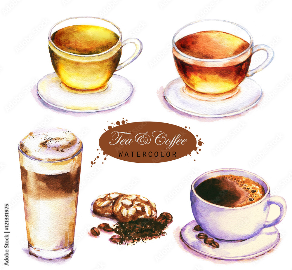 Hand-drawn watercolor illustration of the tea and coffee. Cup of the ...