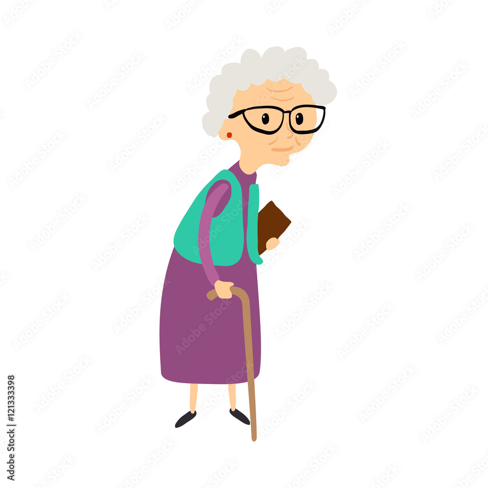 Old woman with cane. Senior lady with glasses walking. Vector. Stock ...