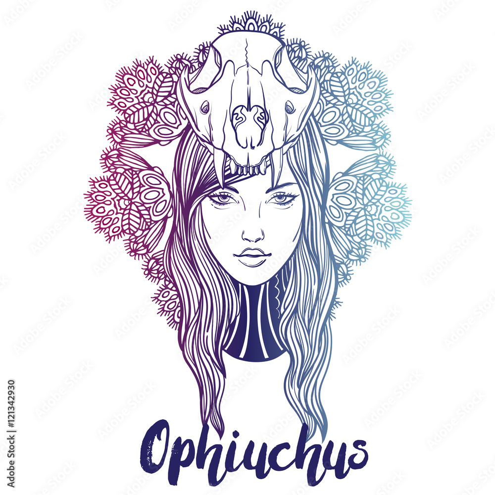 Vintage tattoo art. Highly detailed hand drawn Ophiuchus sign. Skull ...