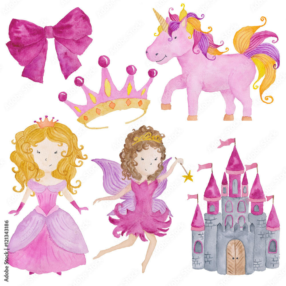 Princess Fairytale Unicorn Crown castle Set Fairy watercolor ...
