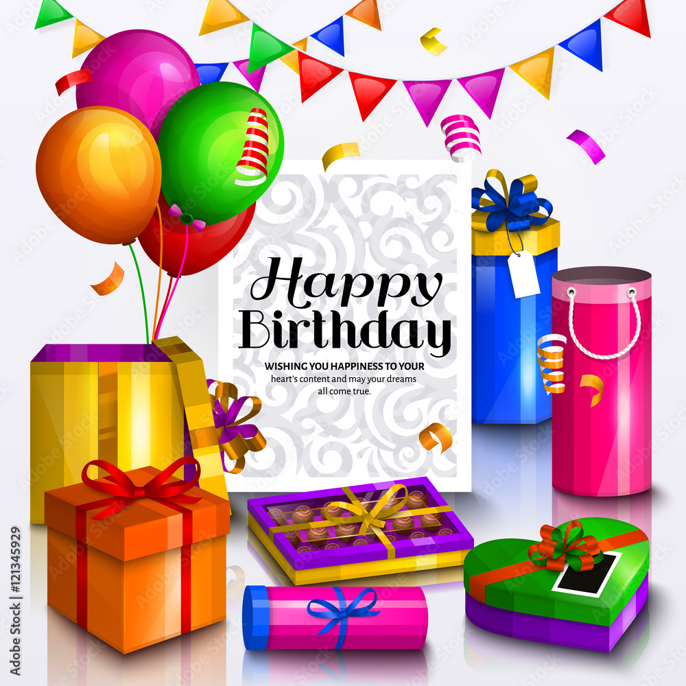 Happy birthday greeting card. Pile of colorful wrapped gift boxes ...