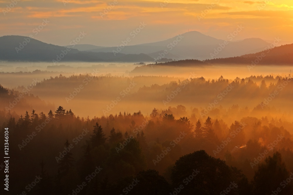 Misty morning landscape. Morning landspace with fog. Sunrise in ...