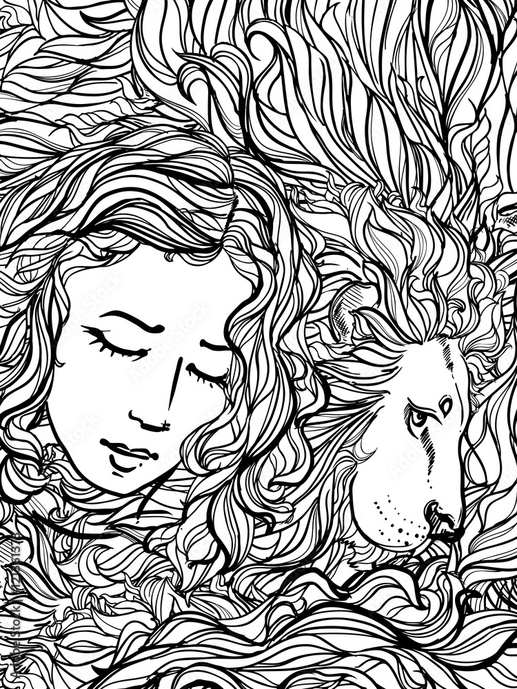 Hand drawn vector illustration of doodle lion and woman with curly hair ...