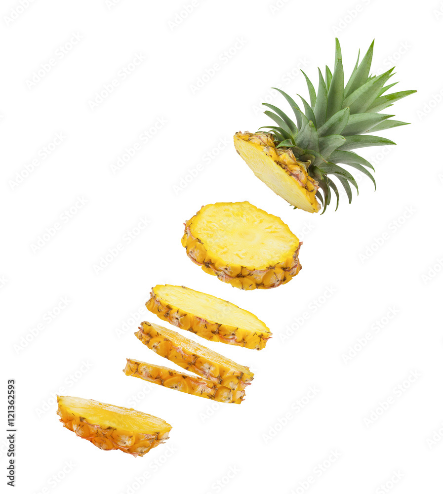 Slices pineapple falling isolated on white background. Stock-Foto ...
