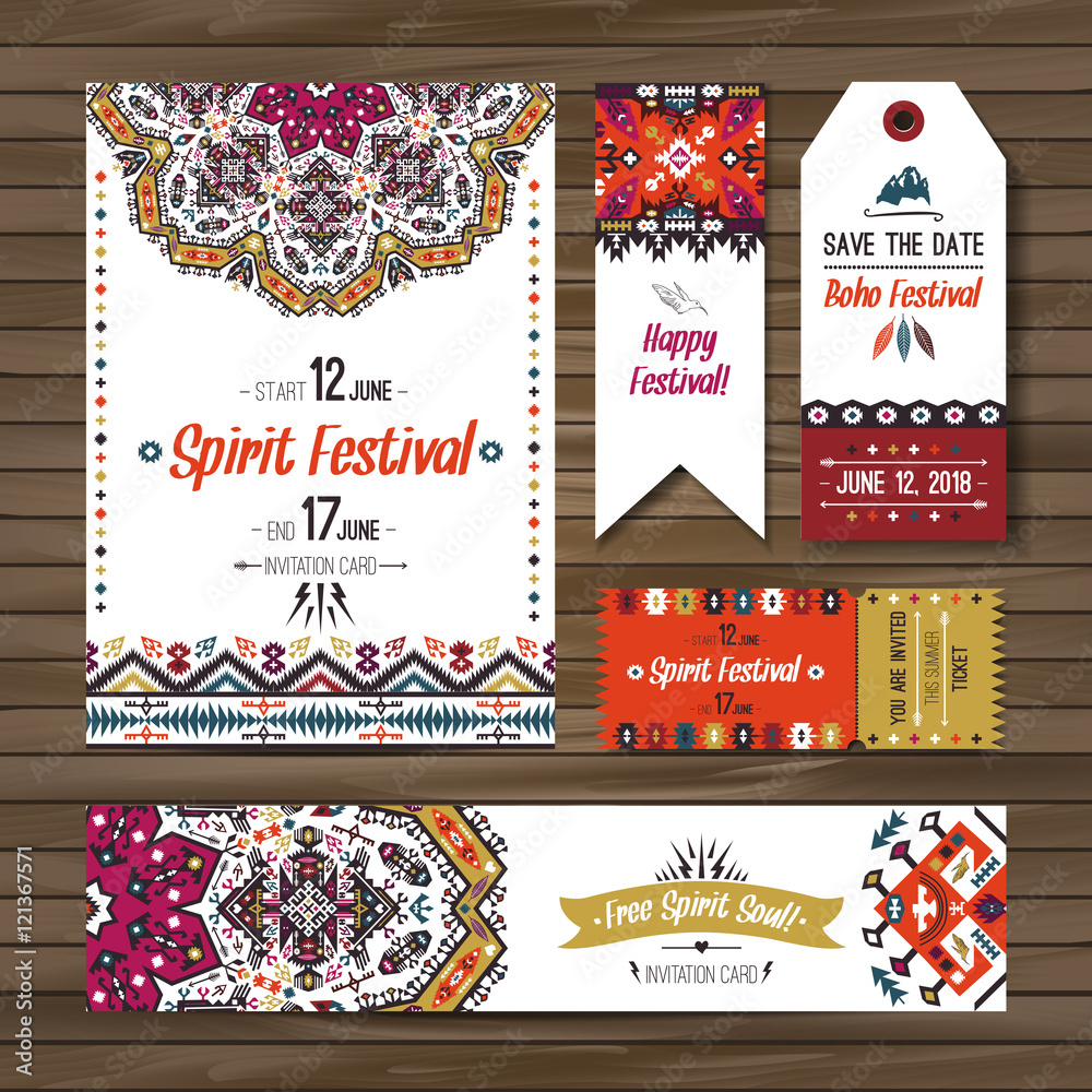Set of geometric boho colorful flyers. Vector decorative ethnic ...