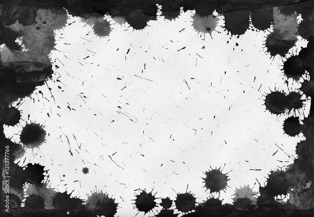 Paper sheet with black gouache blobs randomly dropped on all sides to ...