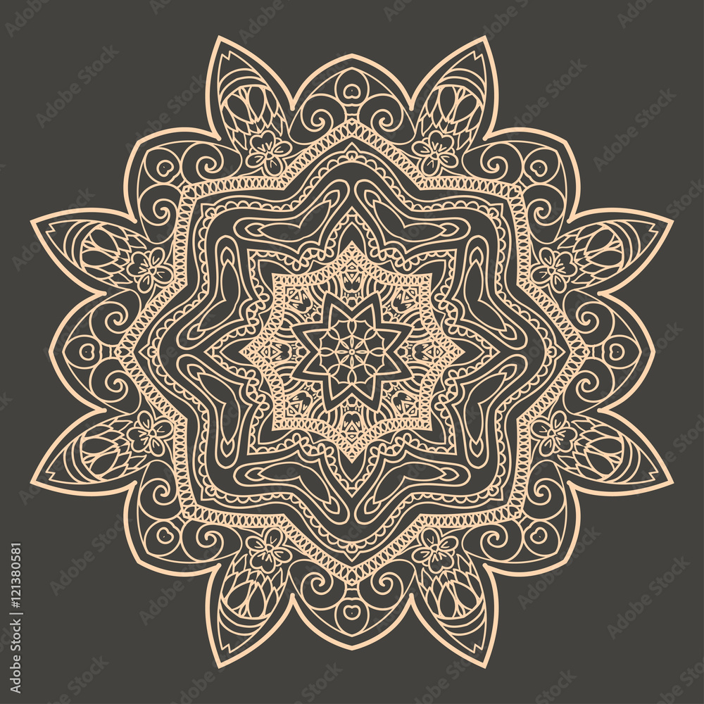 Mandala design hand drawn oriental elements beige on grey background ...