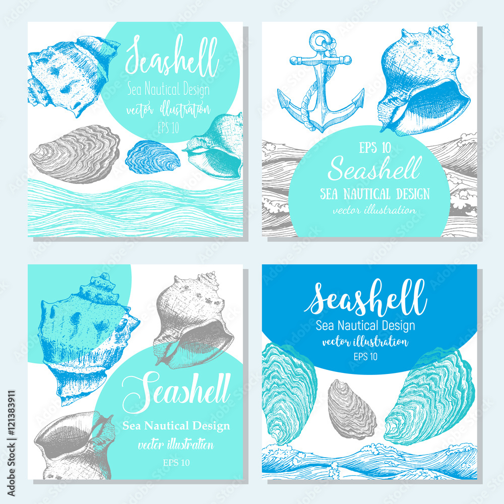Seashell banners, flyers set. Nautical sea design. Hand drawn sketch ...