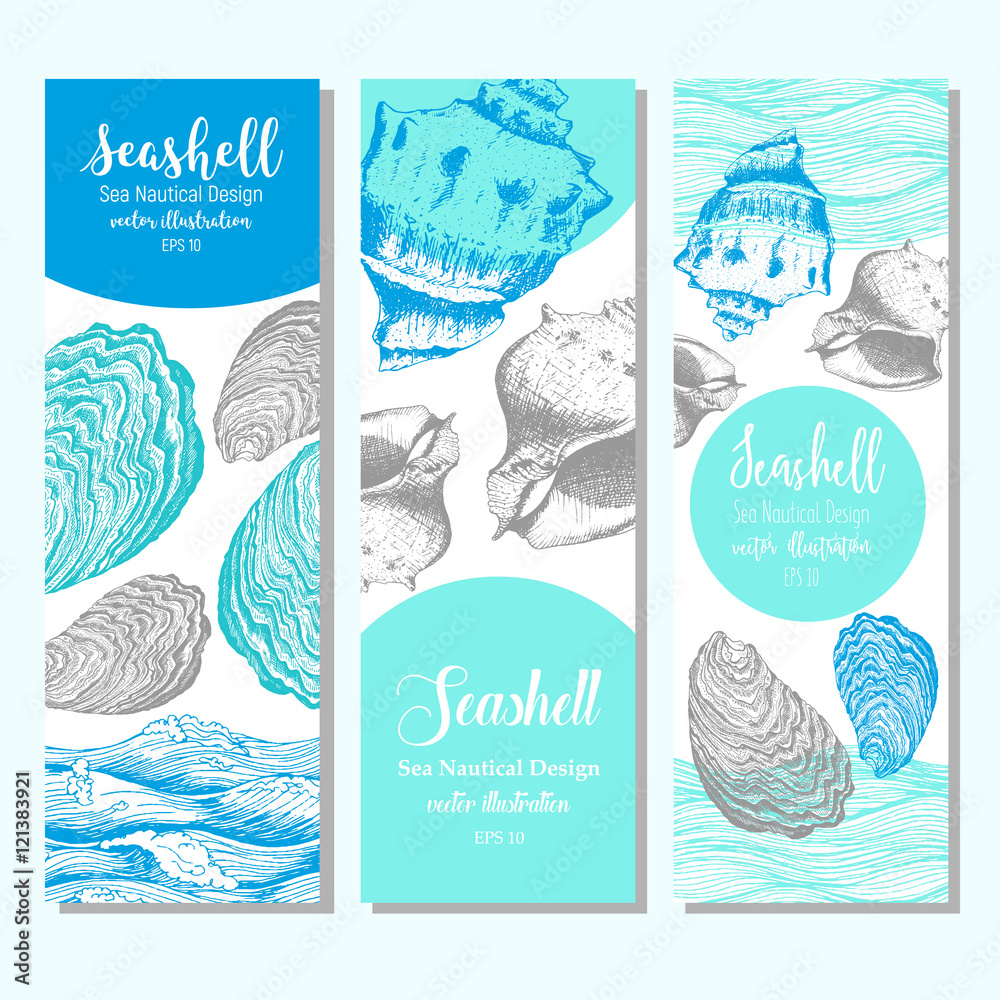 Seashell banners, flyers set. Nautical sea design. Hand drawn sketch ...