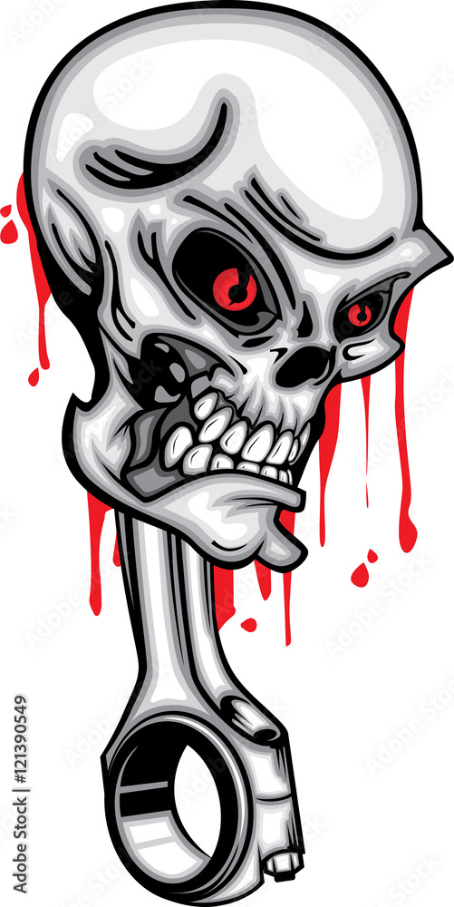 Skull head piston red eye 3d vector with blood on white background ...