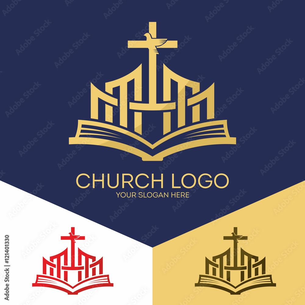 Church logo. Christian symbols. The Bible, the cross of Jesus and the ...
