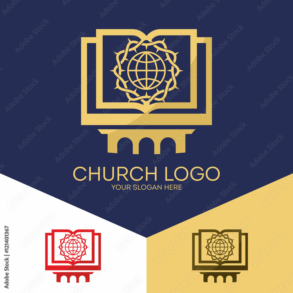 Church logo. Christian symbols. Bible, globe and a crown of thorns ...