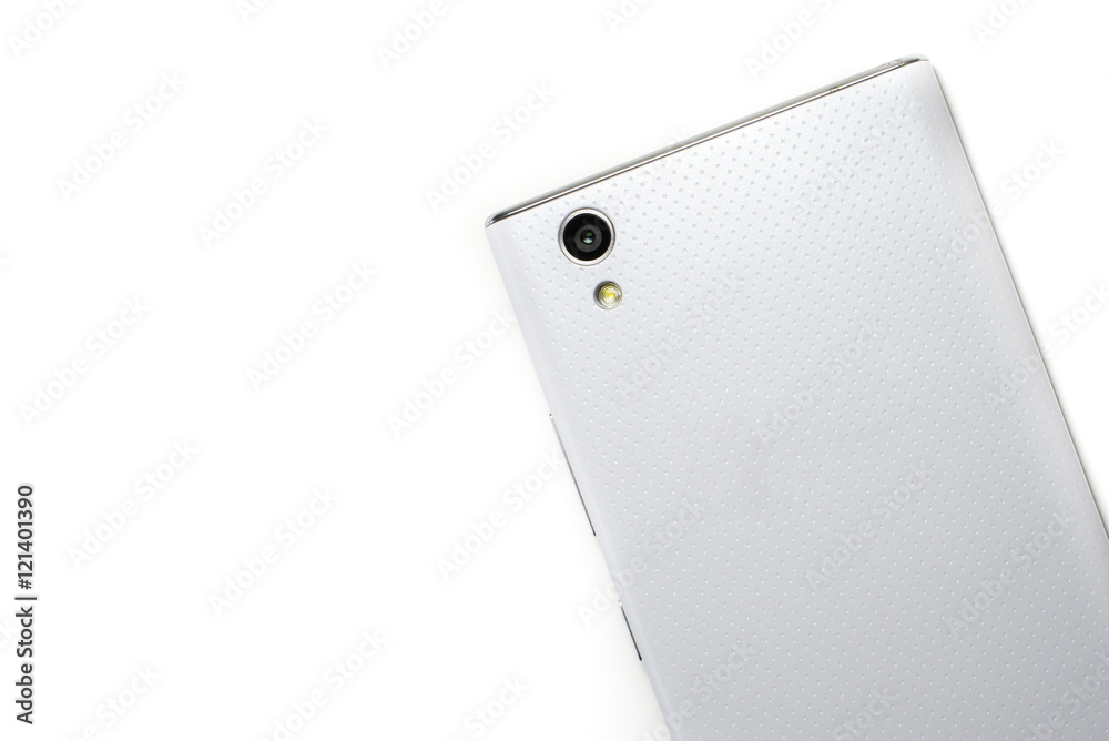 White modern smartphone with blank back lies on the surface, isolated ...